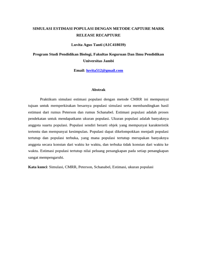 Luvita Agus Tanti (A1C418039) Laporan SIMULASI ESTIMASI POPULASI DENGAN METODE CAPTURE MARK ...