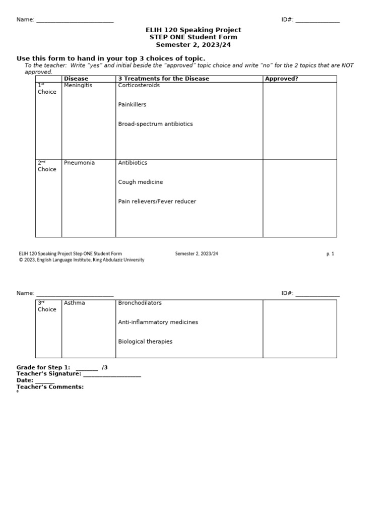 ELIH 120 Speaking Project Step ONE Student Form Semester 2 2023-24 | PDF