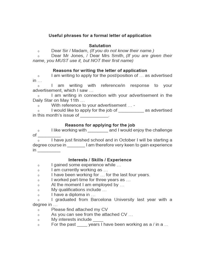 Formal Application Letter Phrases | PDF | Madam