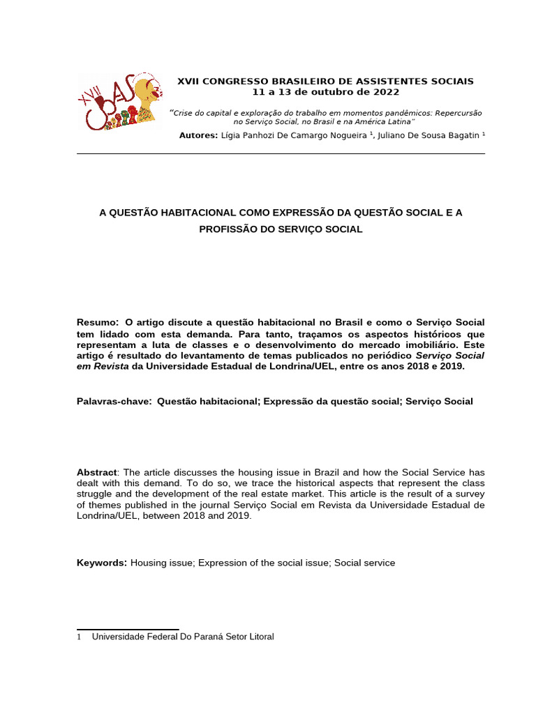 Questão Habitacional e Serviço Social Brasil | PDF | Trabalho social ...