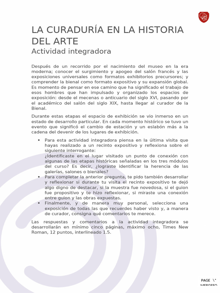 Actividad integradora - La curaduría en la Historia del Arte | PDF