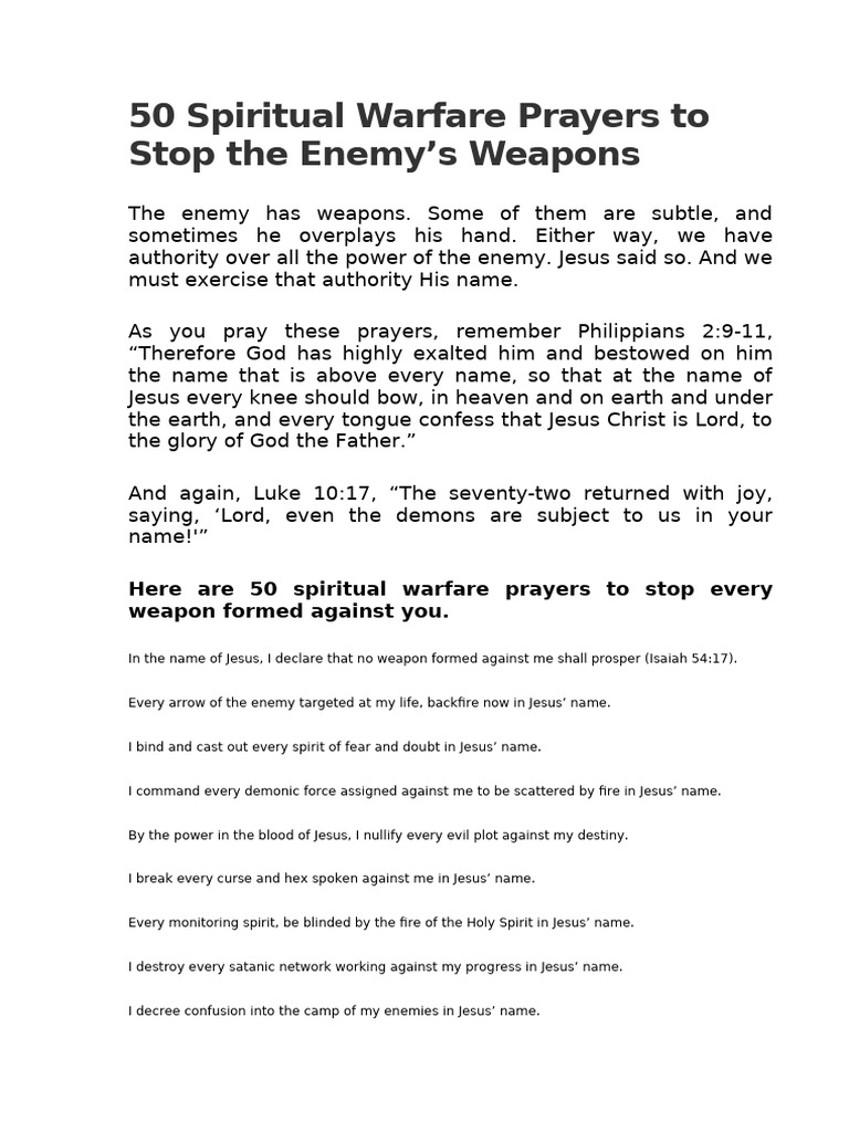 50 Prayers to Defeat the Enemy | PDF | Jesus | Spiritual Warfare