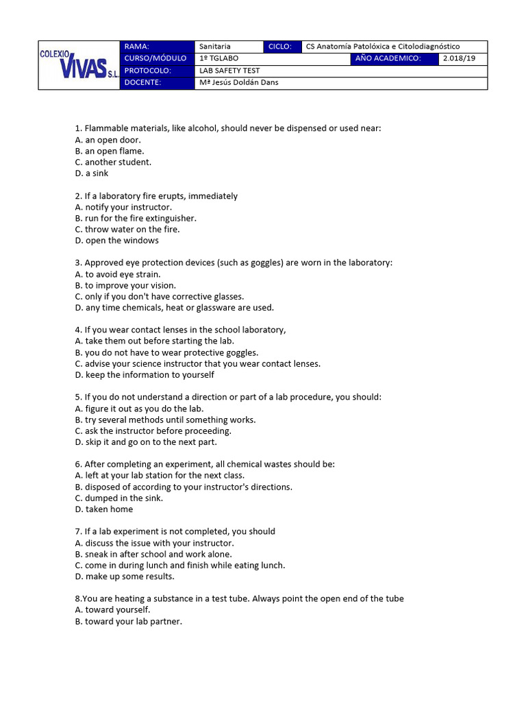 Lab Safety TEST_abbf35c4665f4c0ef9461a3327d28e49 | PDF | Laboratories