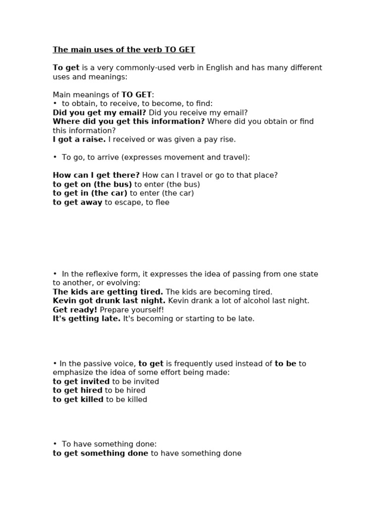 Uses of the Verb "To Get" Explained | PDF