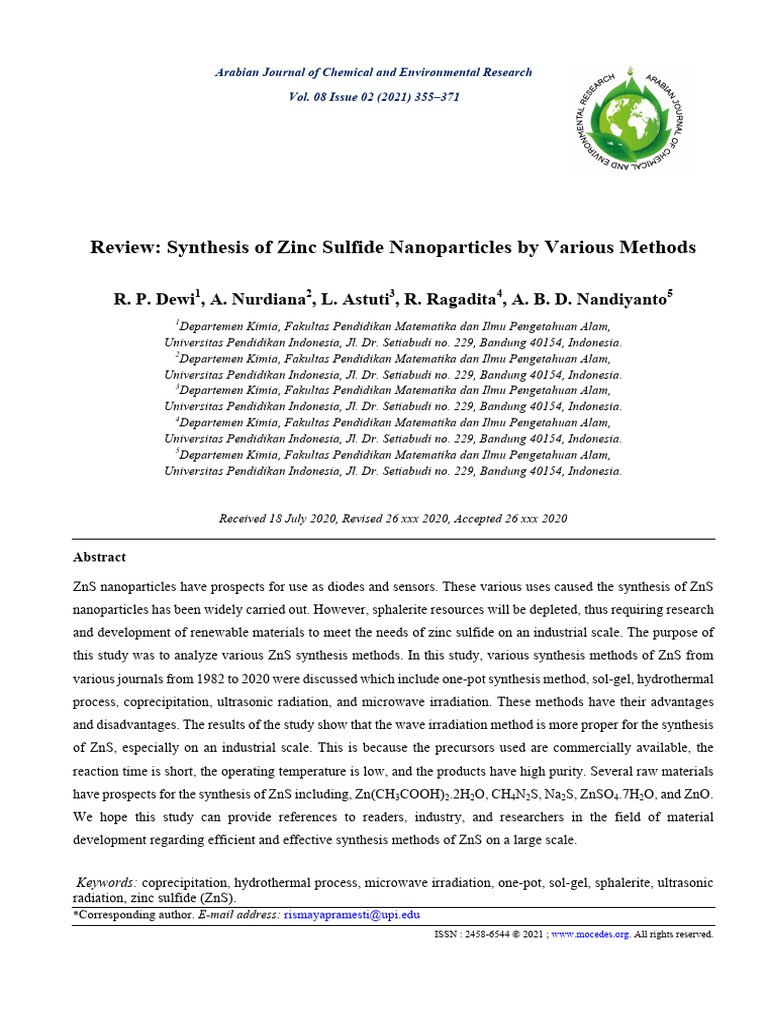 Review Synthesis of Zinc Sulfide Nanoparticles by Various Methods | PDF ...