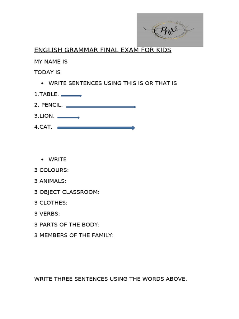 ENGLISH GRAMMAR FINAL EXAM FOR KIDS 2024 | PDF