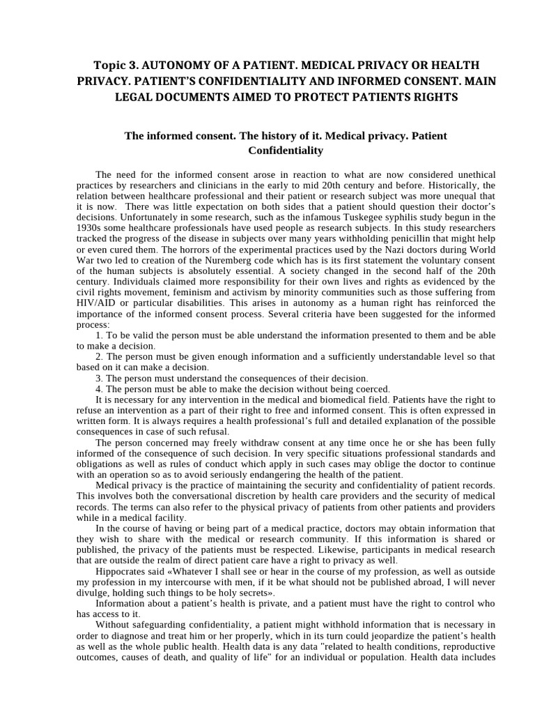 Autonomy of A Patient. Medical Privacy or Health Privacy. Patient's ...