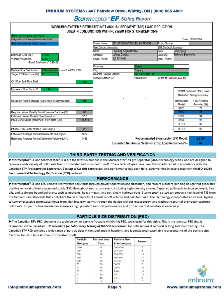 Stormceptor EFO4 Sizing Report - 261161 DWIGHT MCLELLAN TR-OGS (Gretaer ...