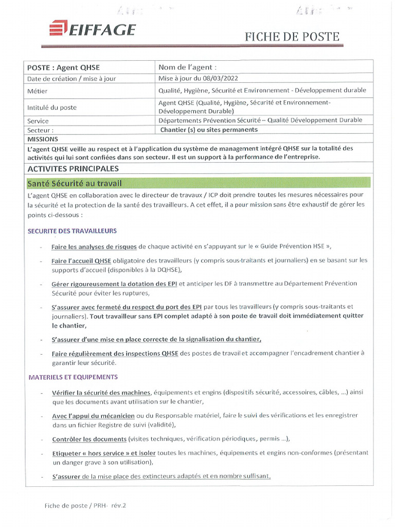 Fiche de Poste Agent QHSE | PDF