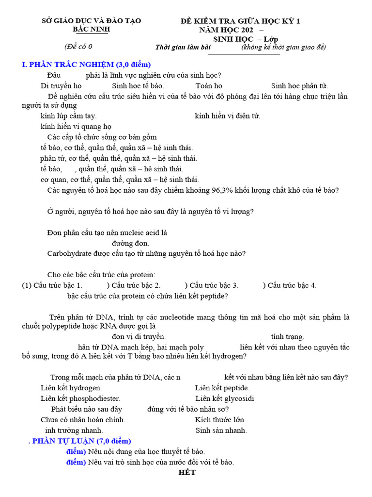 De Giua Hoc Ky 1 Sinh Hoc 10 Nam Hoc 2023 2024 So GDDT Bac Ninh | PDF