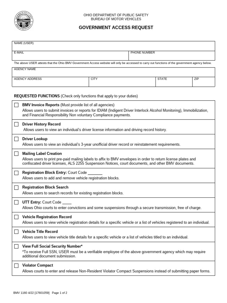 Ohio BMV Government Access Request Form | PDF