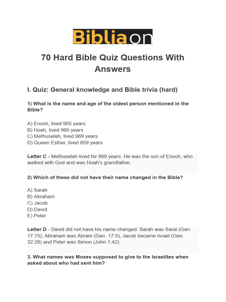 70 Hard Bible Quiz Questions With Answers | PDF | Jesus | Bible