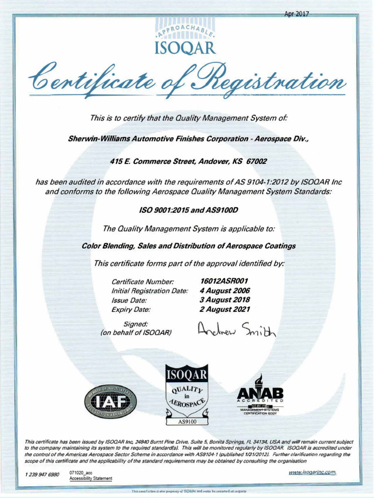 AS9100D Certificate of Registration | PDF | Production And Manufacturing | Business