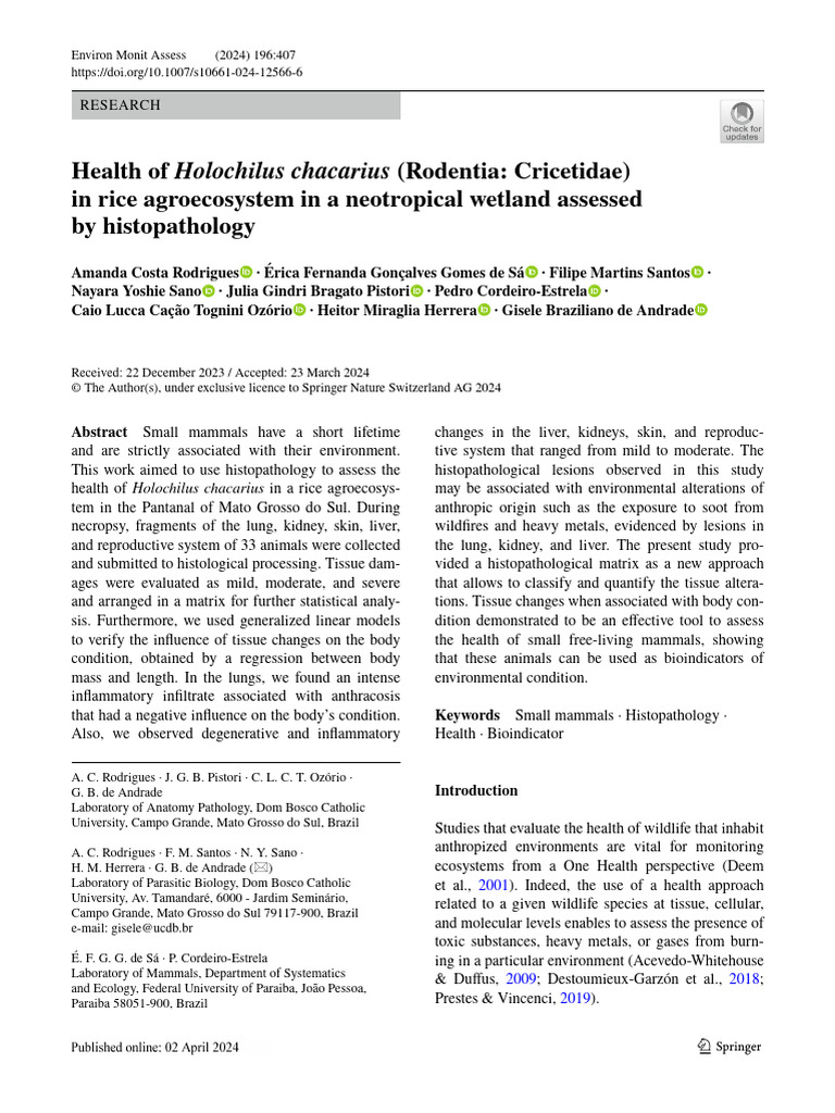 Health of Holochilus Chacarius (Rodentia: Cricetidae) in Rice ...