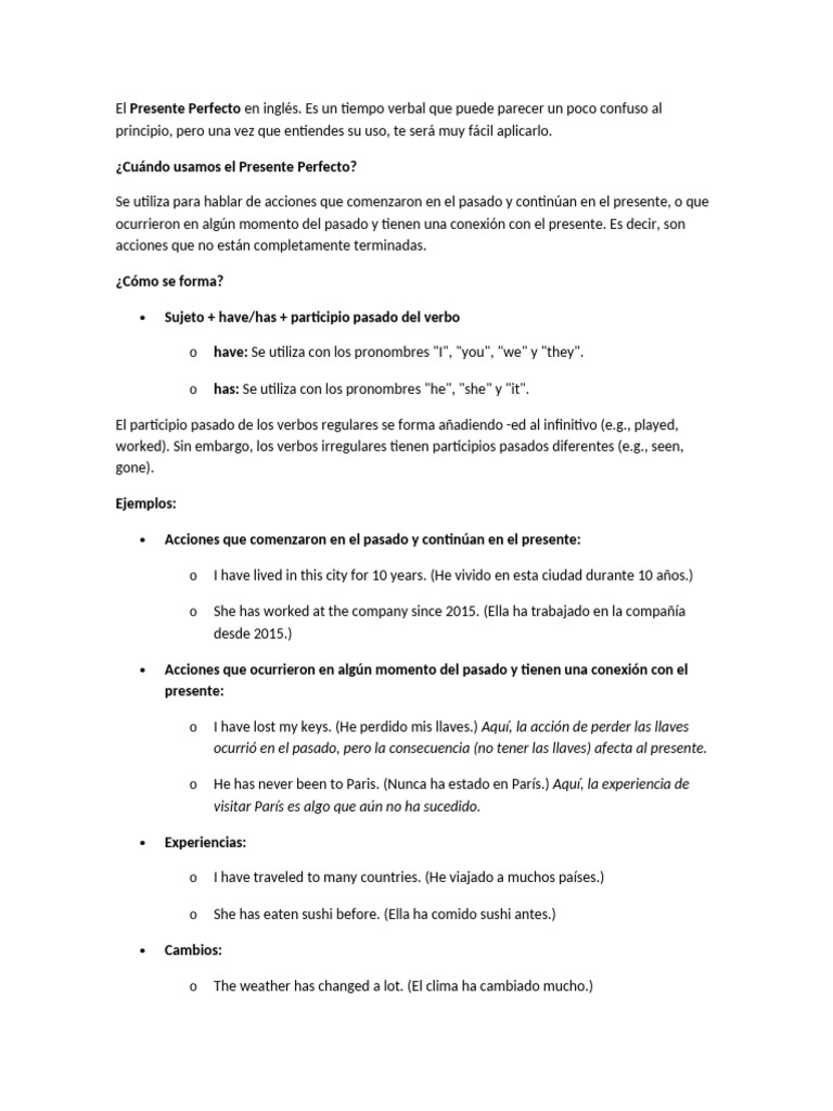Guía del Presente Perfecto en Inglés | PDF
