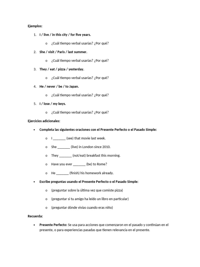 Ejercicios Presente Perfecto | PDF