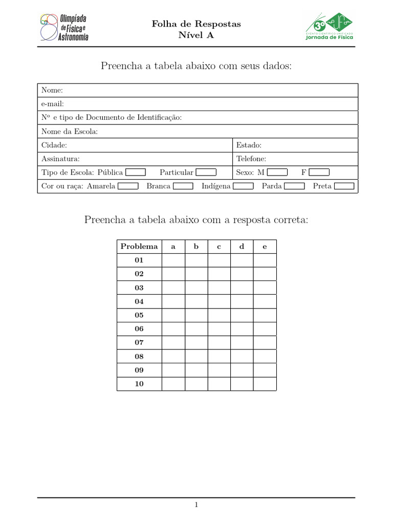 Folha de Respostas - Nível A | PDF