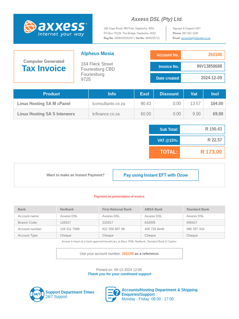 Axxess_DSL_Pty_Ltd_INV13850688 | PDF | Cheque | Money