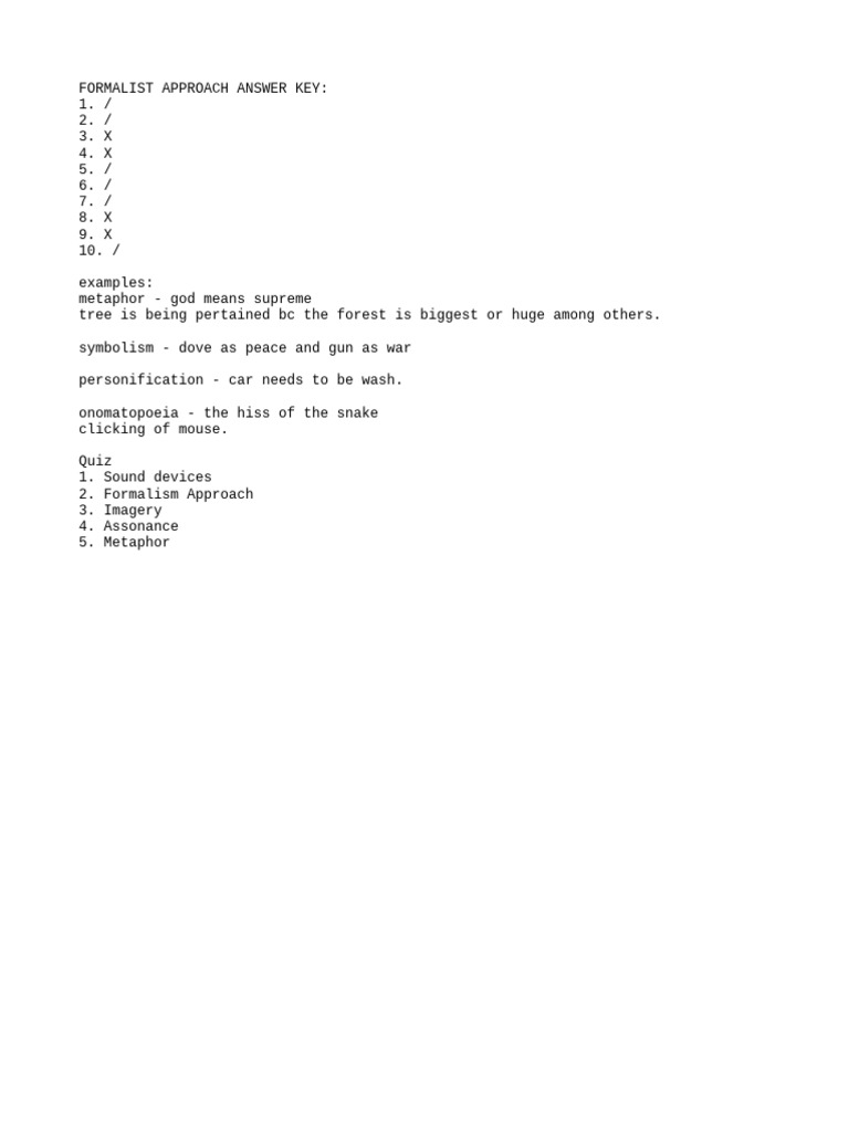 Formalist Approach Answer Key | PDF