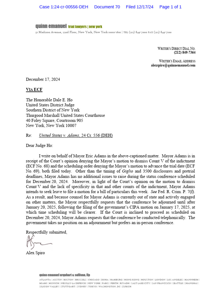 Mayor Eric Adam's Legal Team Ask To Push Back Hearing To Jan. 20, 2025 ...