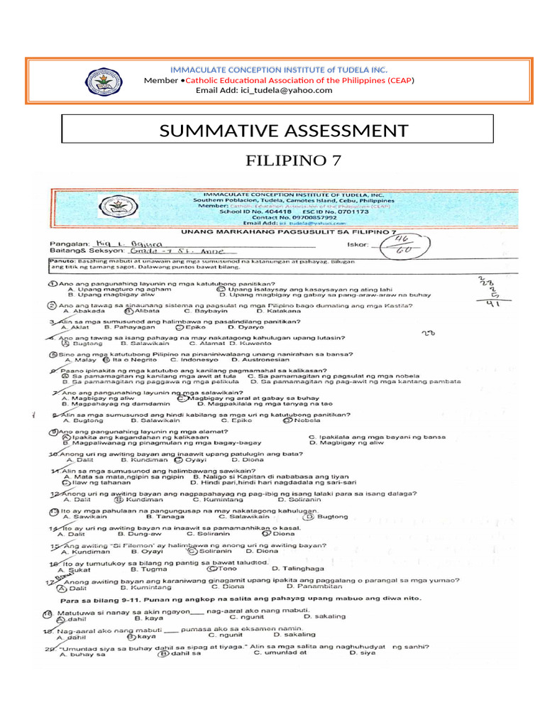 FILIPINO 7-SUMMATIVE ASSESSMENT SAMPLES | PDF