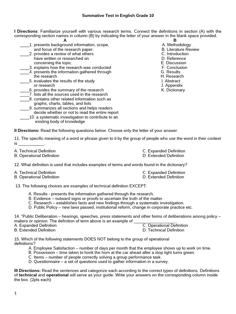 4TH Quarter English 10 Assessment Test | PDF | Definition | Information