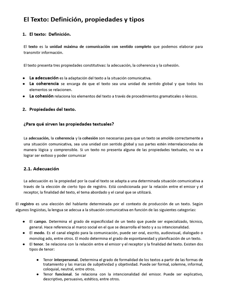 El Texto: Definición, Propiedades y Tipos - APUNTES | PDF | Palabra ...