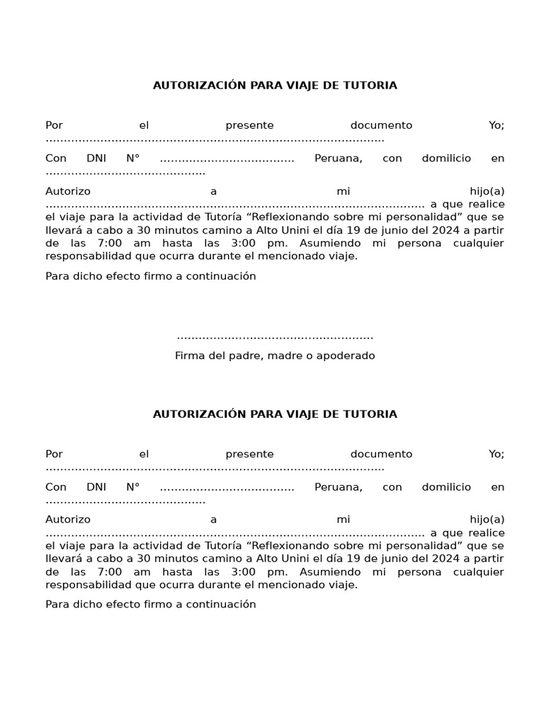 Autorización Para Viaje de Tutoria | PDF