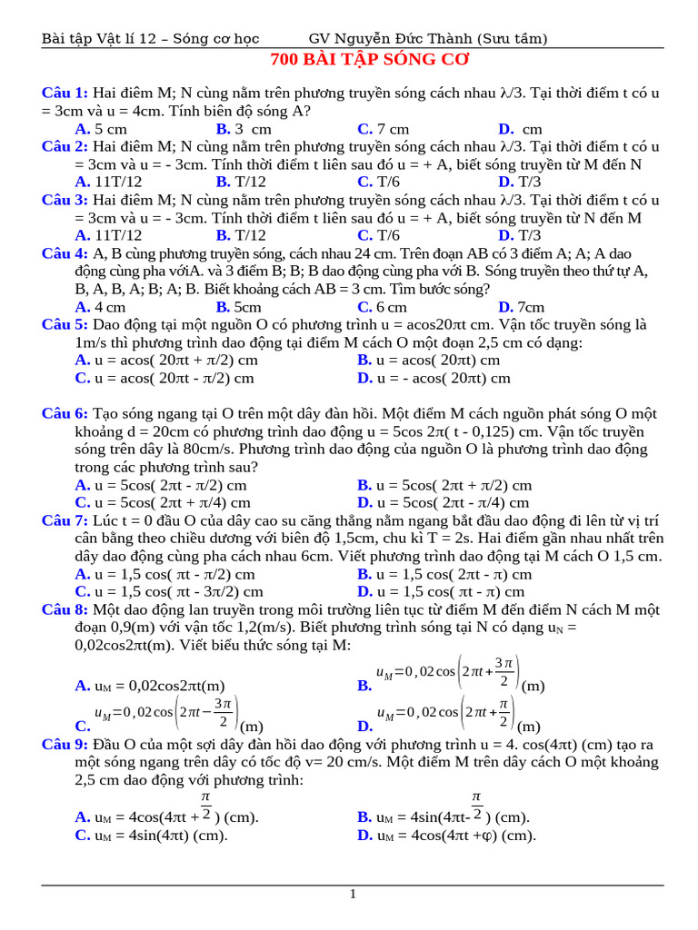 700 Câu Trắc Nghiệm Sóng Cơ | PDF