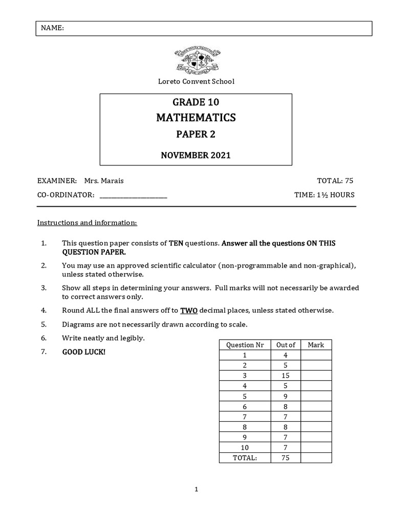 Gr10 - Nov2021 - P2 - (75 Marks) | PDF | Area | Geometry