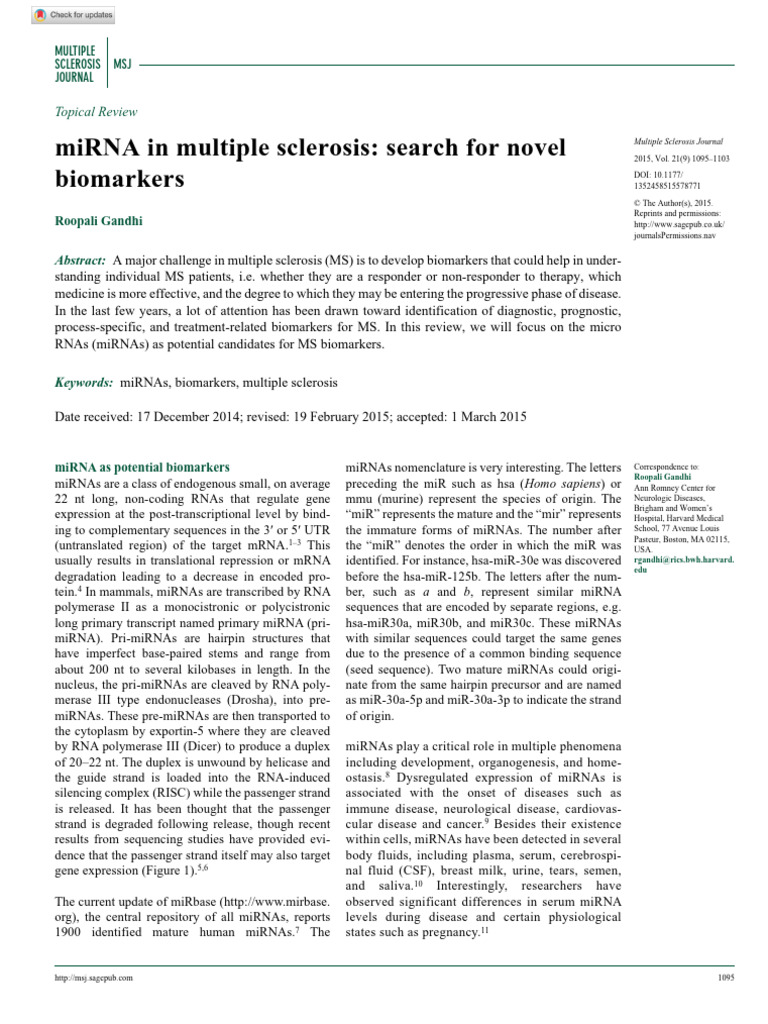 Gandhi 2015 Mirna in Multiple Sclerosis Search For Novel Biomarkers | PDF | Micro Rna | Gene ...