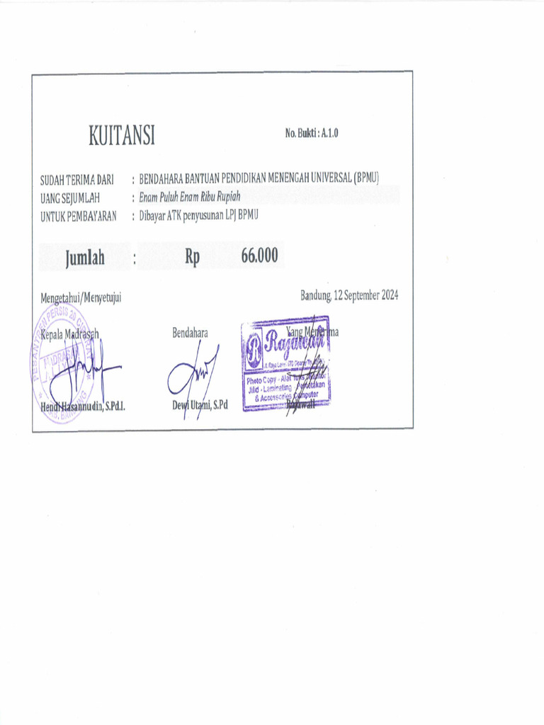 Bukti Kuitansi Dan Faktur Pembelian ATK Pelaporan BPMU THP 1 | PDF