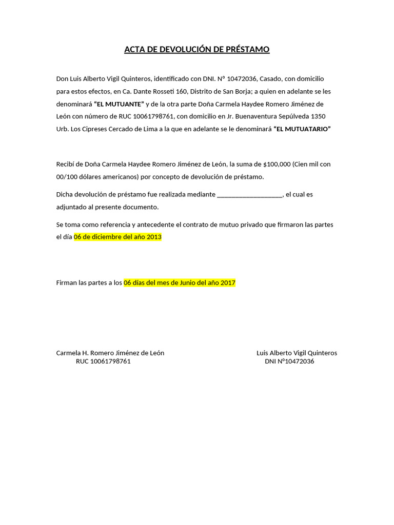 Acta de Devolución de Préstamo | PDF