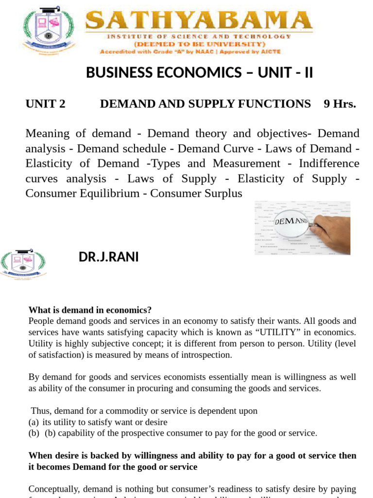 Business Economics - Unit II - DEMAND SUPPLY | PDF | Demand | Supply (Economics)