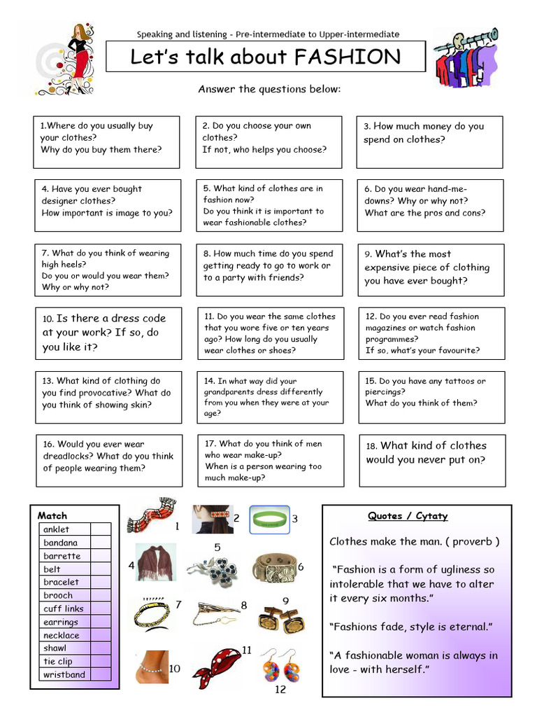 Fashion Discussion Questions Worksheet | PDF | Fashion | Clothing