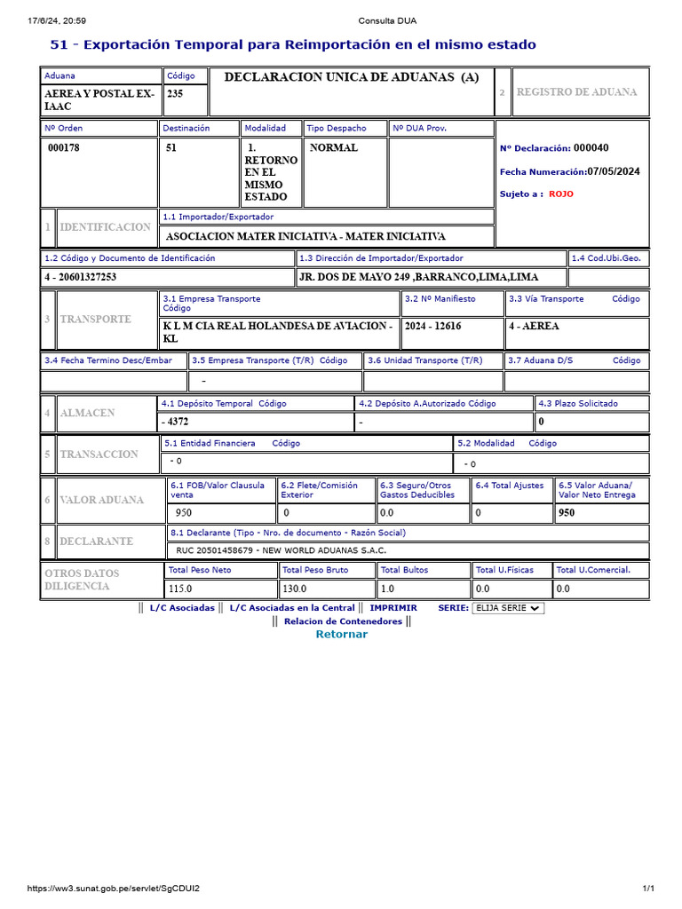 Declaracion Unica de Aduanas (A) : 51 - Exportación Temporal para ...