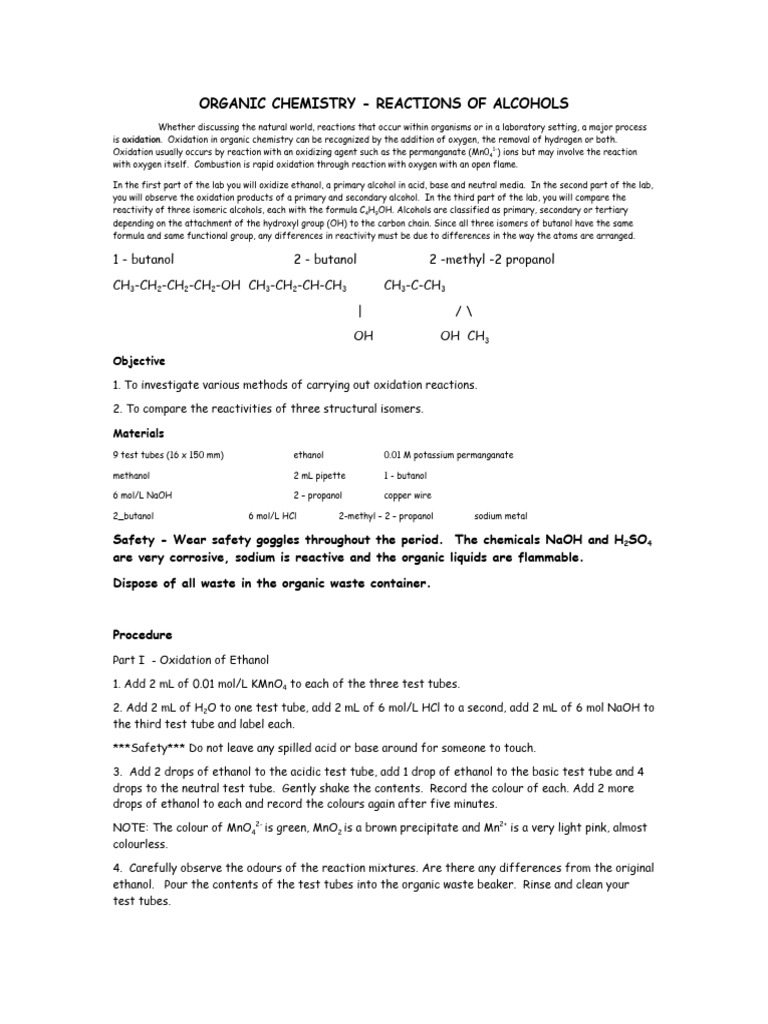Alcohol Oxidation Reactions Lab Guide | PDF | Chemical Reactions | Redox