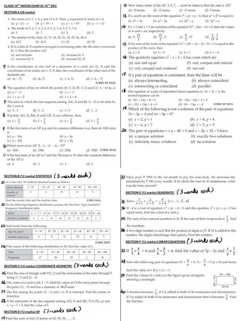 Class 10 - Maths Exam 02 - 10TH Dec | PDF