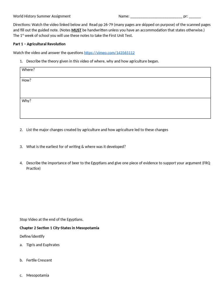 World History Summer Assignment | PDF | Sumer | Mesopotamia