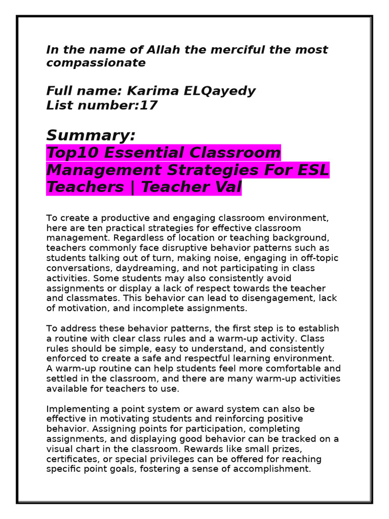Top10 Essential Classroom Management Strategies for ESL Teachers | PDF ...