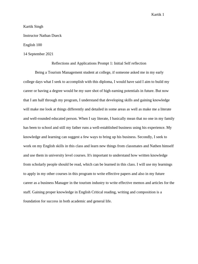 Tourism Management Self-Reflection | PDF