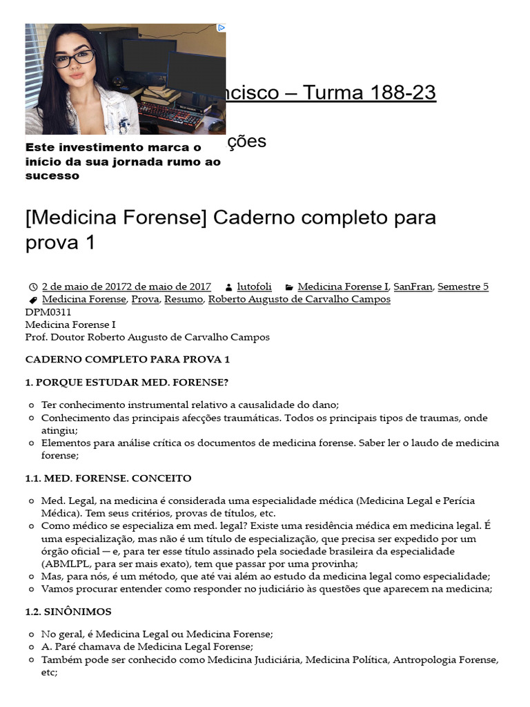 (Medicina Forense) Caderno Completo para Prova 1 - USP Direito São Francisco - Turma 188-23 ...