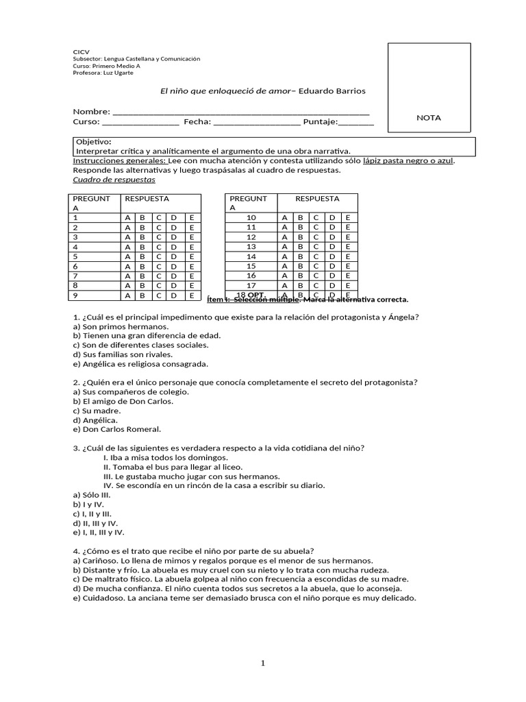 Prueba: El niño que enloqueció de amor | PDF