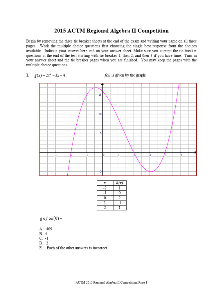 2015 Regional Algebra II Exam Final | PDF | Multiple Choice ...