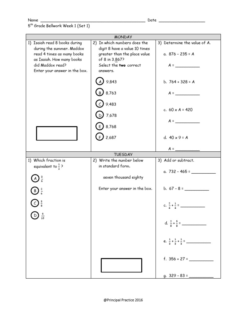 5thGradeMathBellworkWeek1 1 | PDF | Arithmetic | Elementary Mathematics