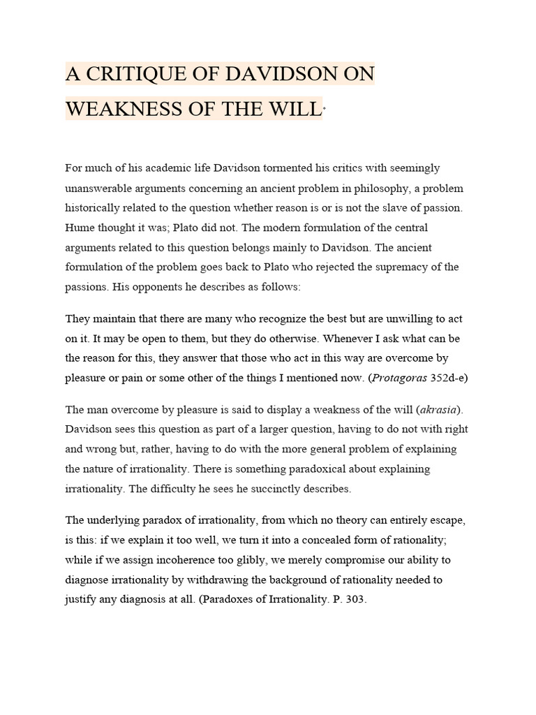 A Critique of Davidson On Weakness of The Will | PDF | Reason