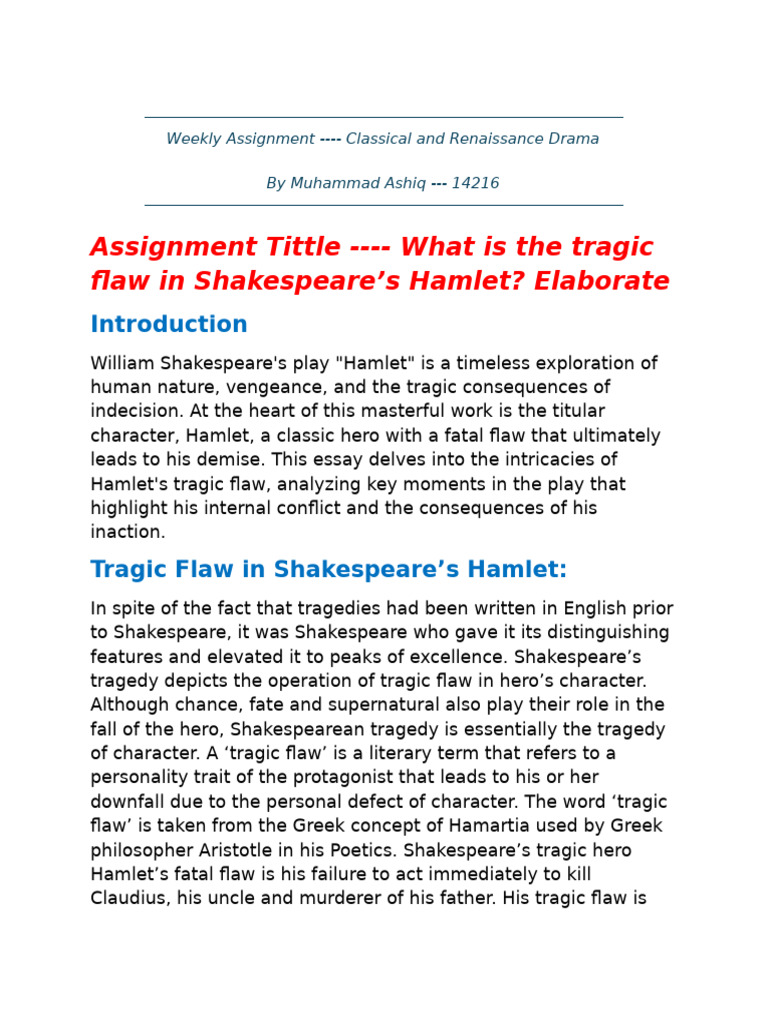 14214 Weekly Assignment Tragic Flaw in Shakespeare's Hamlet | PDF ...