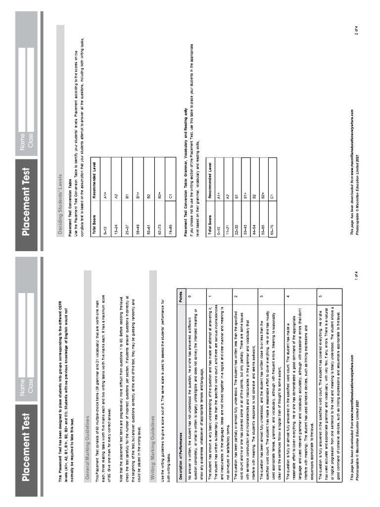 Placement Test - Answer Key | PDF | Linguistics | Grammar