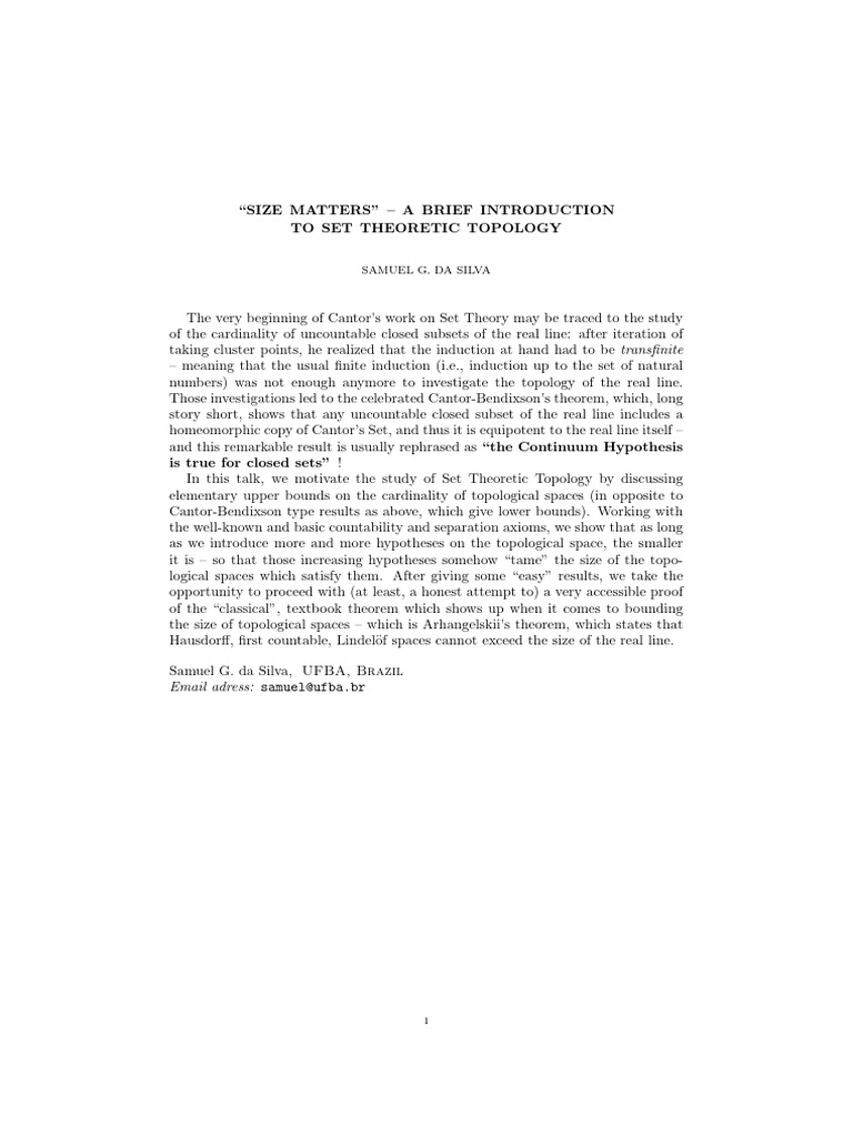 "Size Matters" - A Brief Introduction To Set Theoretic Topology | PDF