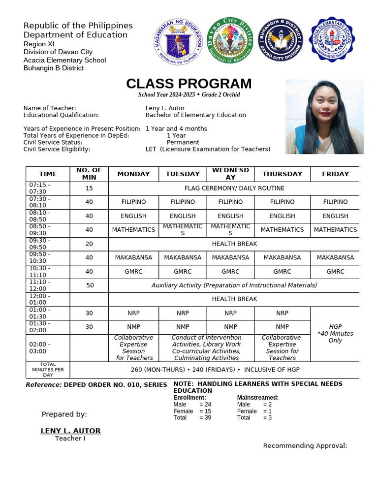 2024-2025-CLASS-PROGRAM-MOSENABRE-MATATAG-Revised-November | PDF